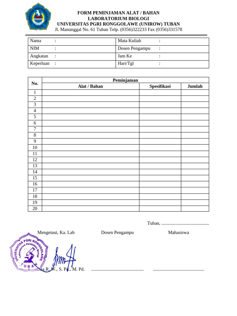 Form Peminjaman Alat Lab Biologi | PDF