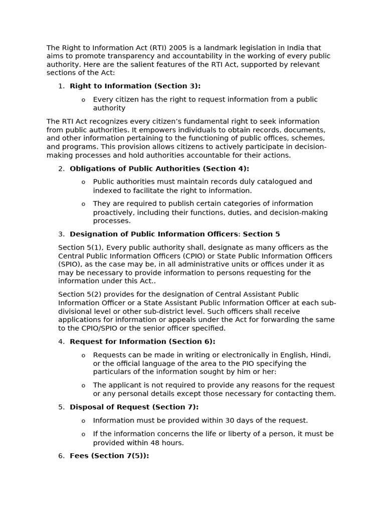 RTI Salient Features | PDF | Government | Public Law RTI Salient Features | PDF | Government | Public Law