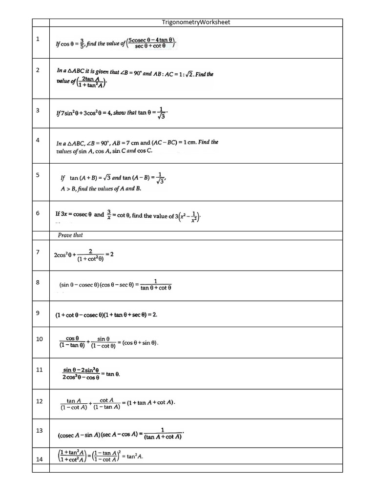 Trigonometry Worksheet | PDF