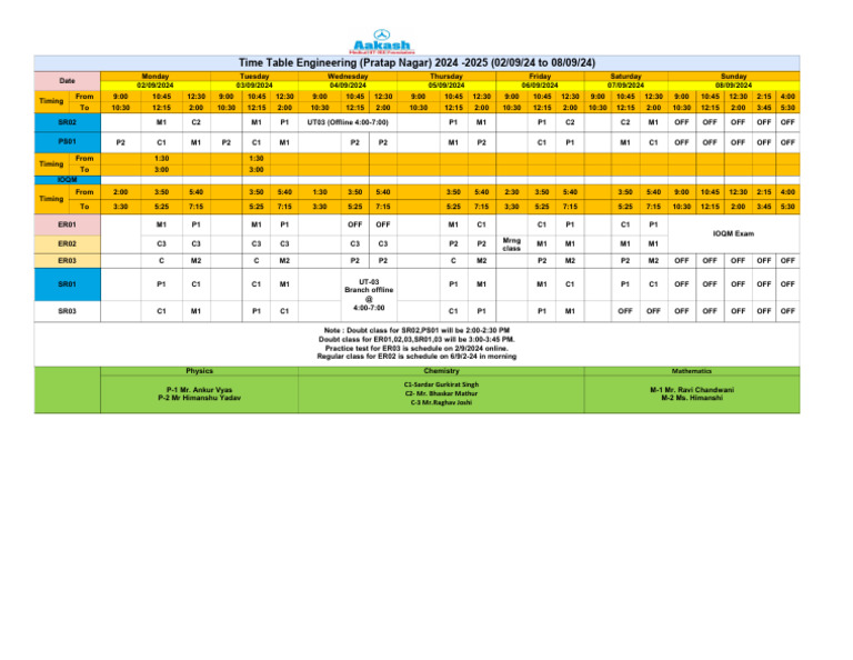 Engineering - Time Table J4 - 02-09-24 To 08-09-24 | PDF