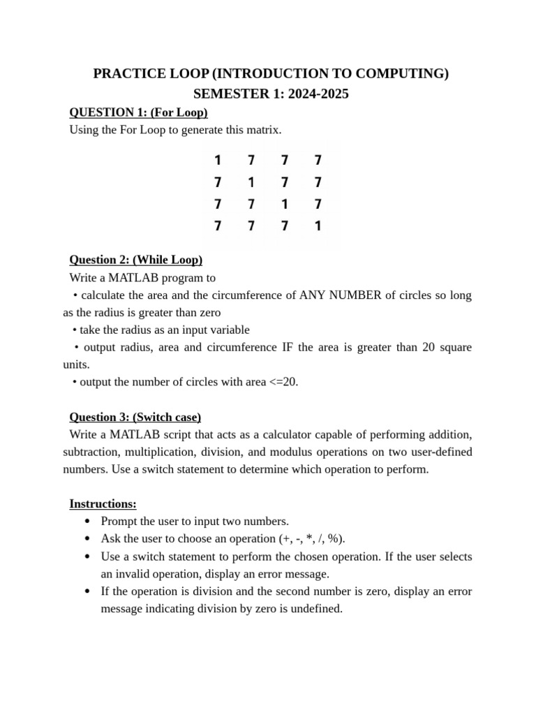 MATLAB Loop and Switch Exercises | PDF
