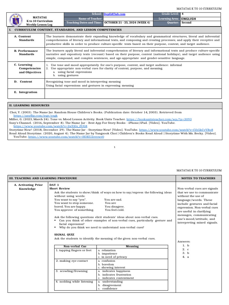 DLL Matatag - English 4 Q2 W4 | PDF | Nonverbal Communication | Communication