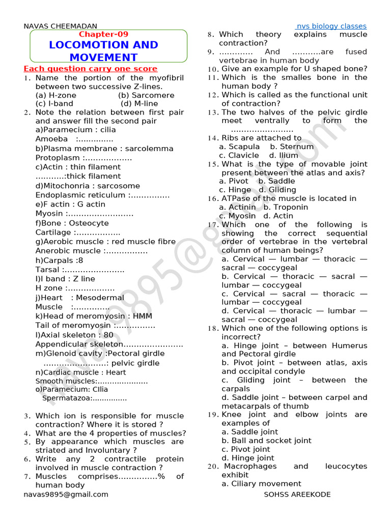 Hsslive Xi Zoology QB CH 09 Locomotion and Movements Navas | PDF | Muscle | Muscle Contraction