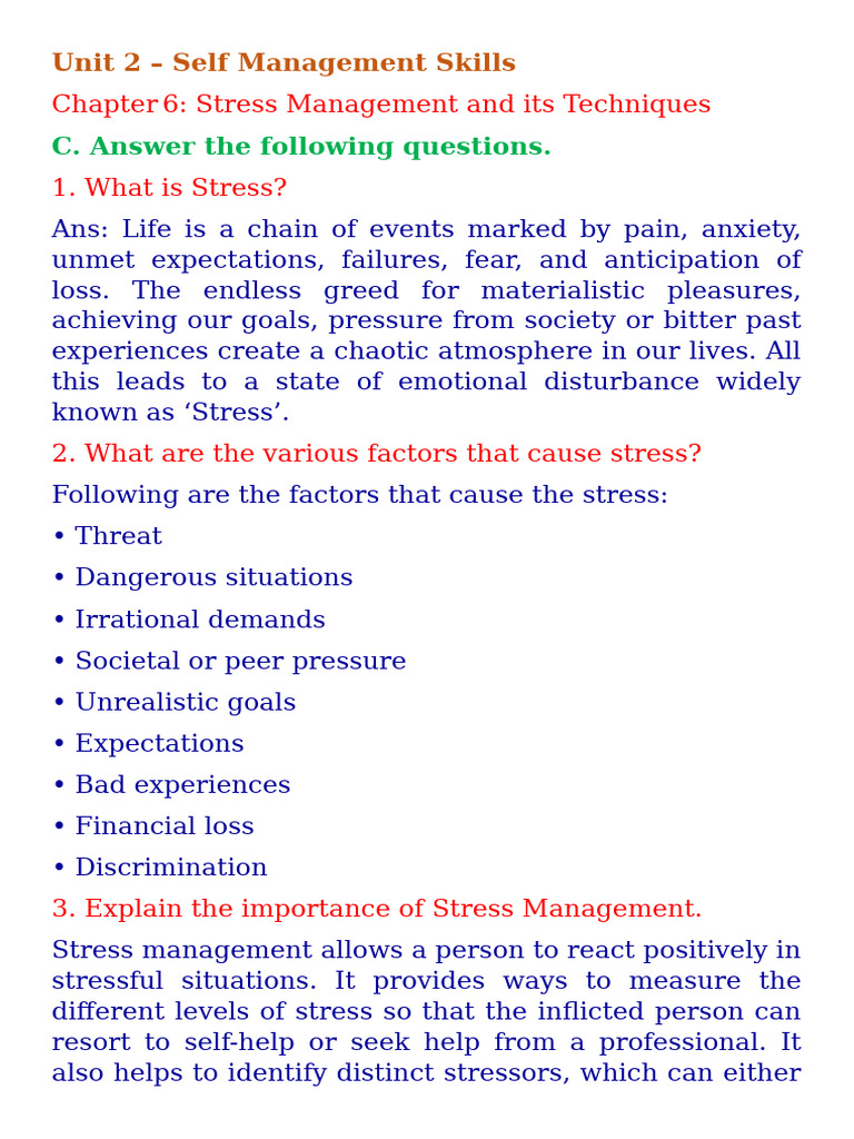STD 10 Unit 2 - Self Management Skills | PDF | Stress (Biology ...