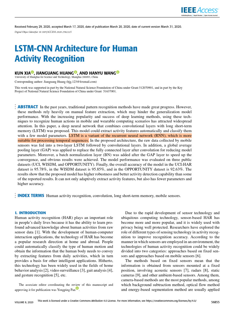 Lstm Cnn Architecture For Human Activity Recognition Pdf Deep Learning Artificial Neural