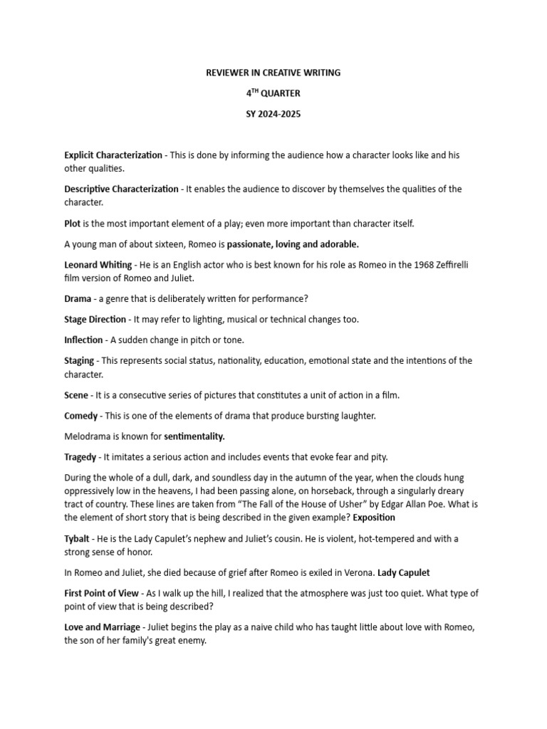 Reviewer in Creative Writing 4th QTR | PDF | Characters In Romeo And Juliet | Narration