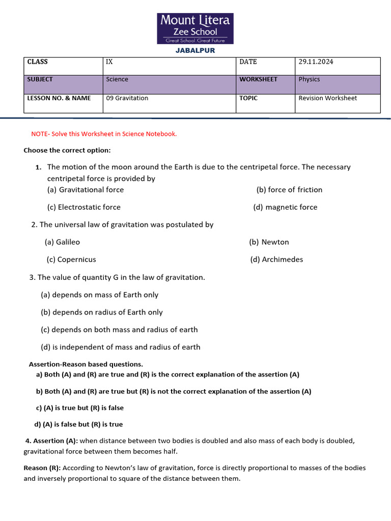 G-IX Physics Revision Worksheet | PDF | Force | Gravity