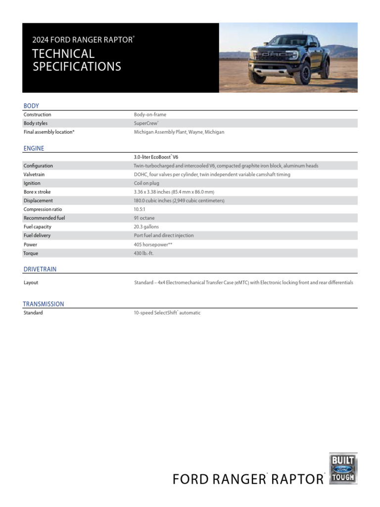 2024 Ford Ranger Raptor Specs | PDF | Car | Vehicles
