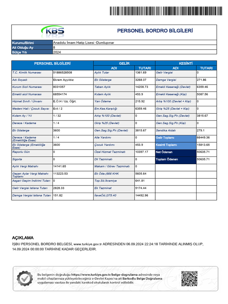 Babaya Ait 2024 Ağustos Bordro Belgesi | PDF