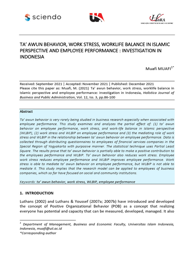 Ta Awun Behavior Work Stress Worklife Balance in Islamic Perspective and Employee Performance ...