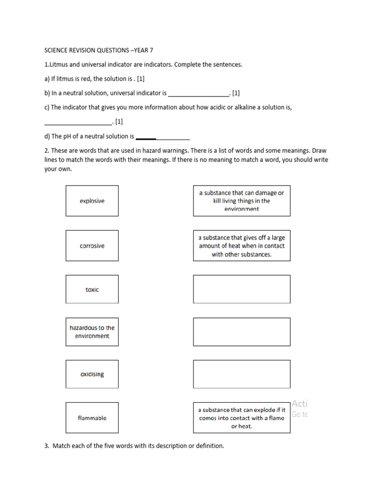 Year 7 - Revision Work Sheet | PDF