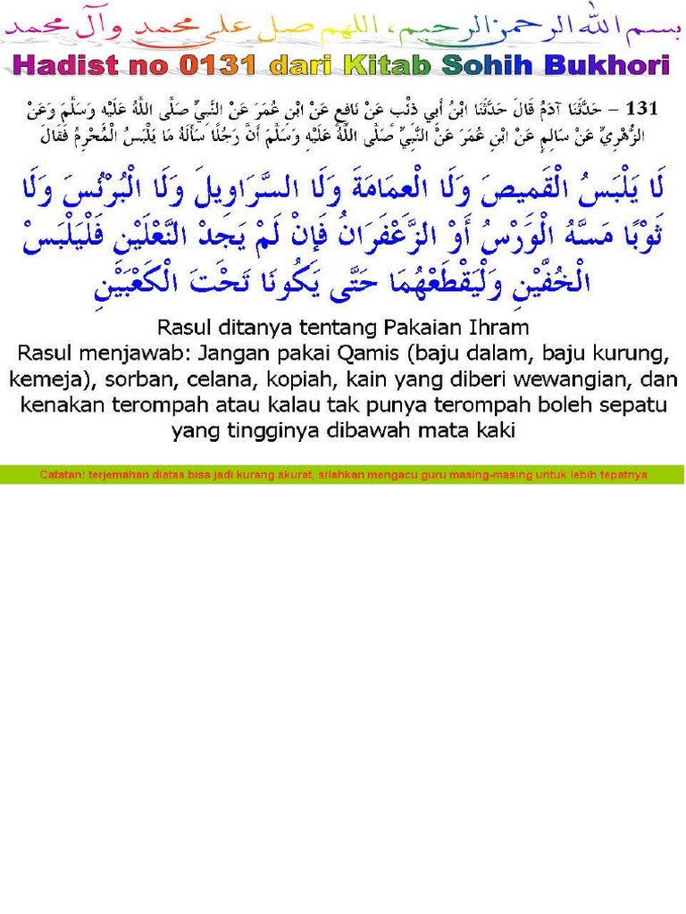 Berbagi Baca Kitab Hadist Shohih Bukhori 0131-0135 Dari Total 7008 - Hari | PDF