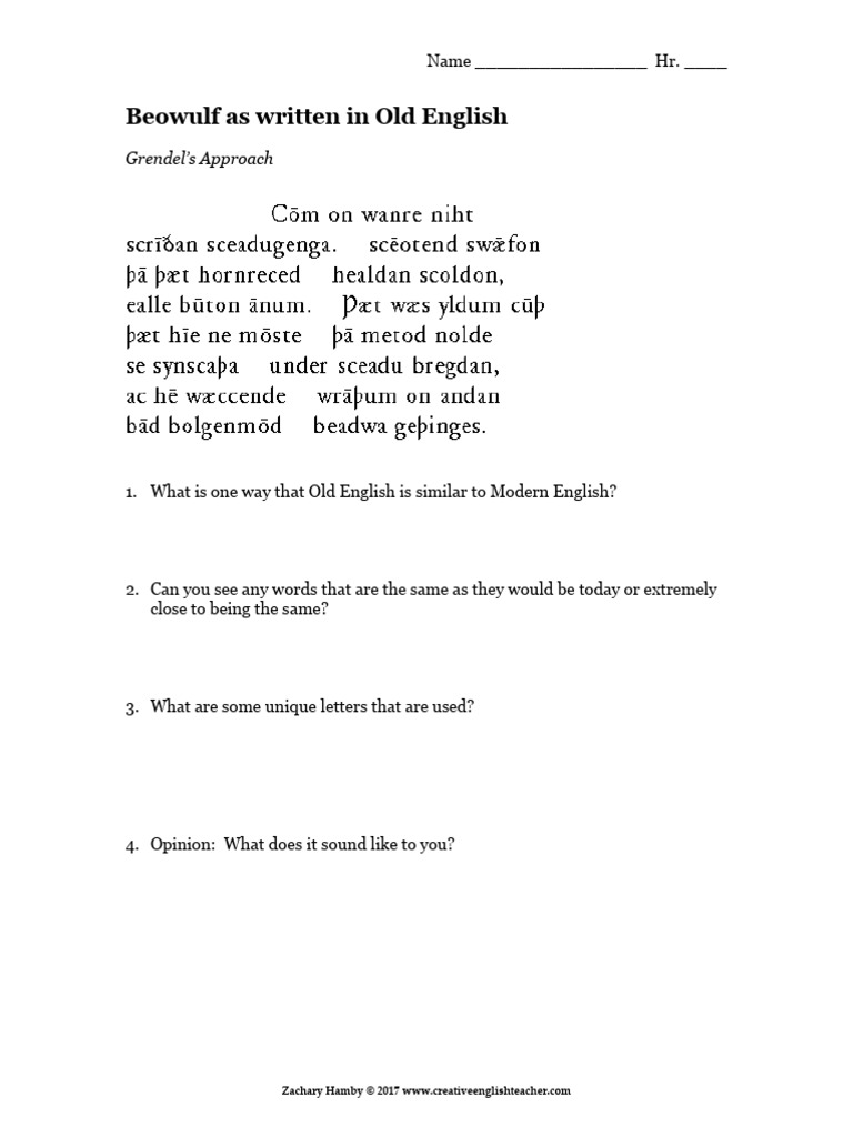 Old English Exploration Worksheet | PDF
