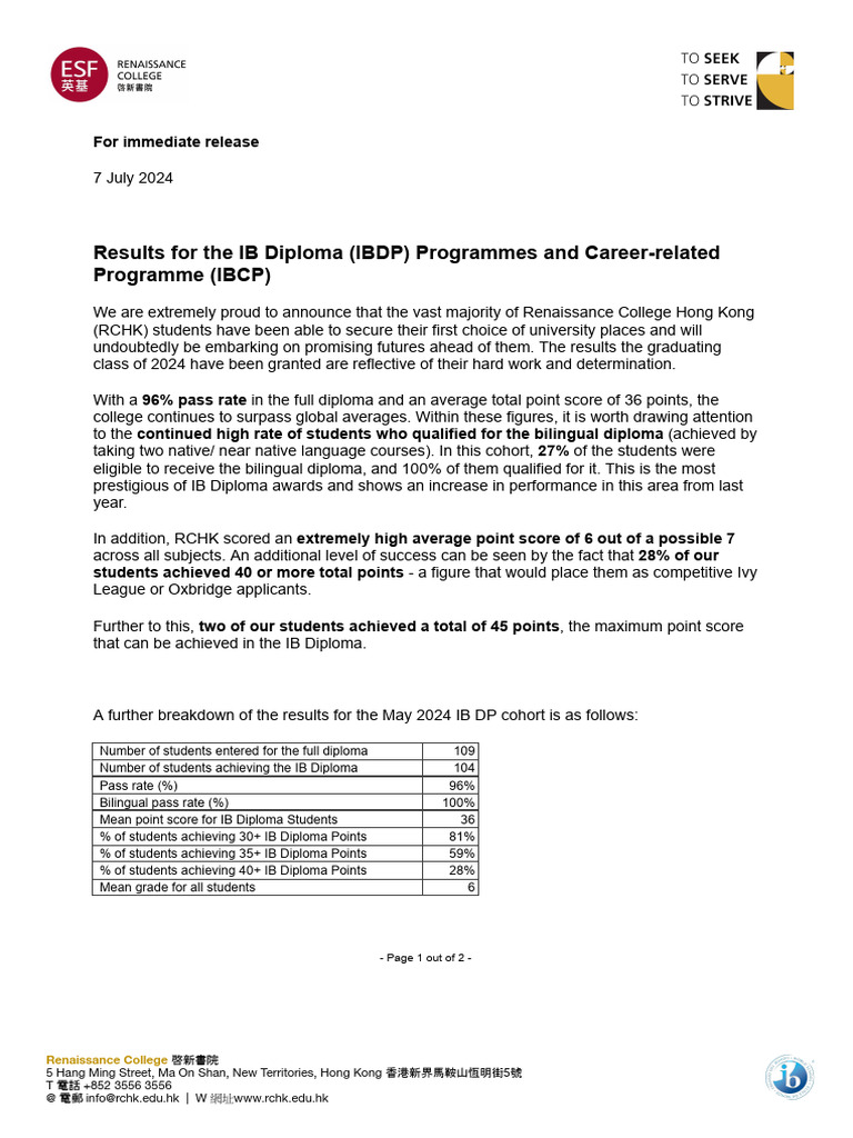 RCHK Press Release - IBDP IBCP Exam Results 2024 | PDF | Student Assessment And Evaluation ...