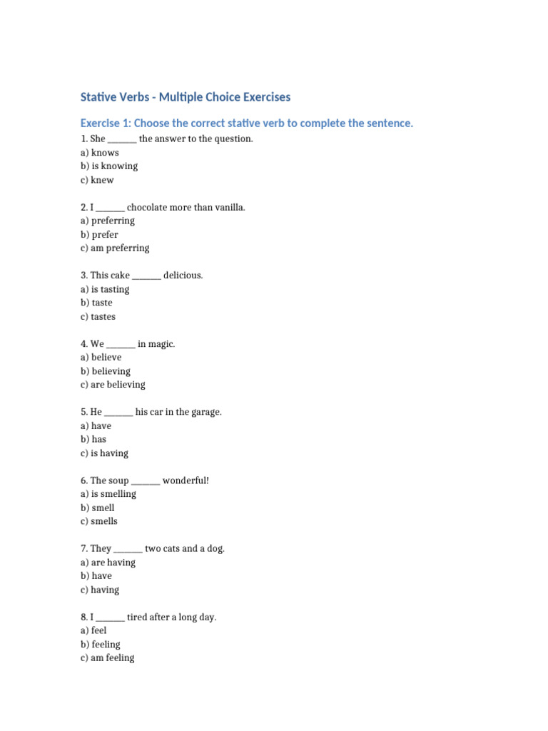 Stative Verbs Multiple Choice Exercises | PDF