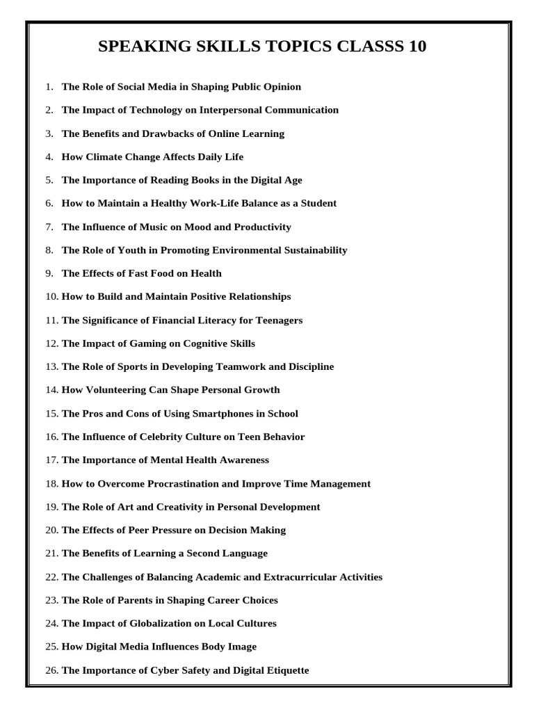 Speaking Skills Topics Classs 0 | PDF