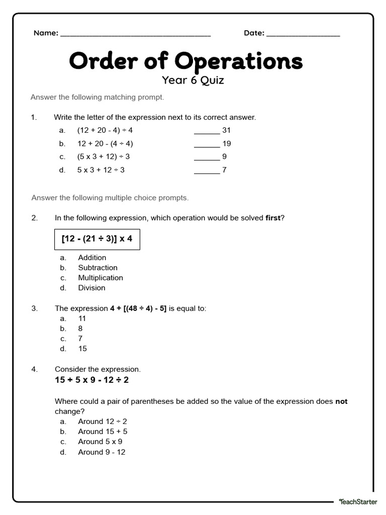Orderof Operations Quiz Year 6 Printable PDF | PDF | Mathematics ...