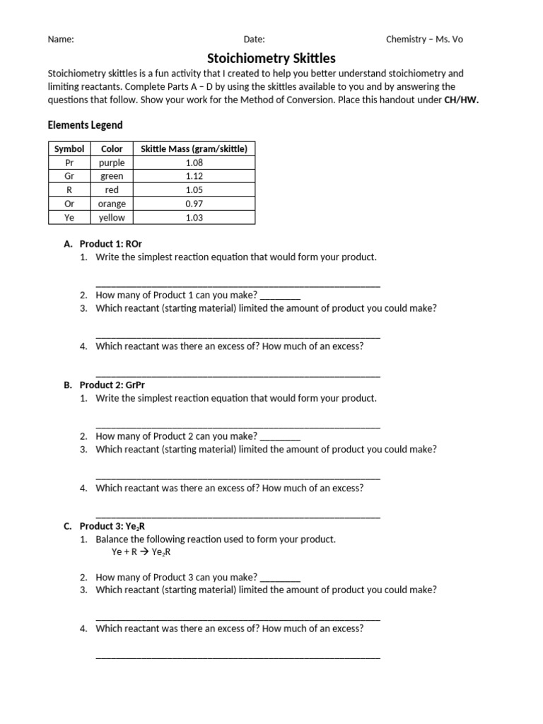 Stoichiometry Skittles: Elements Legend | PDF | Stoichiometry ...