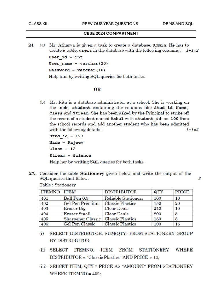 CS Pyq DBMS SQL | PDF