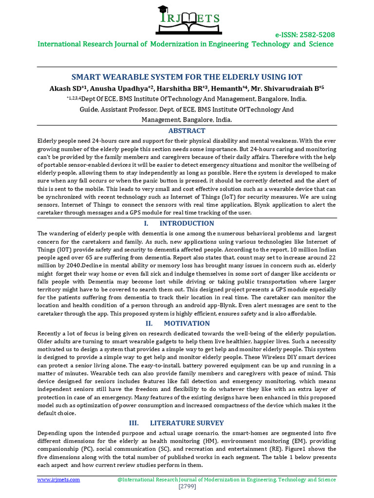 Smart Wearable System For Elderly Using Iot | PDF | Internet Of Things | Accelerometer