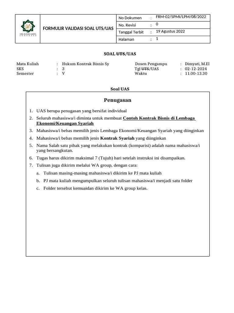 B0 - 2. Validasi Soal UAS HKM Kontrak Bisnis | PDF