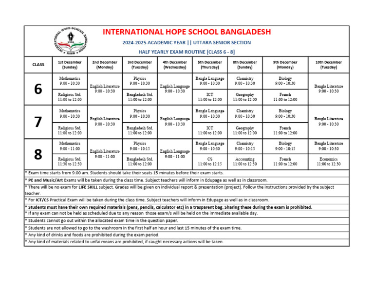 Class 6-8 Half Yearly Exam Routine 2025 | PDF