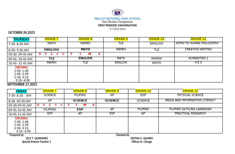 First Periodic Test Schedule 2023 | PDF