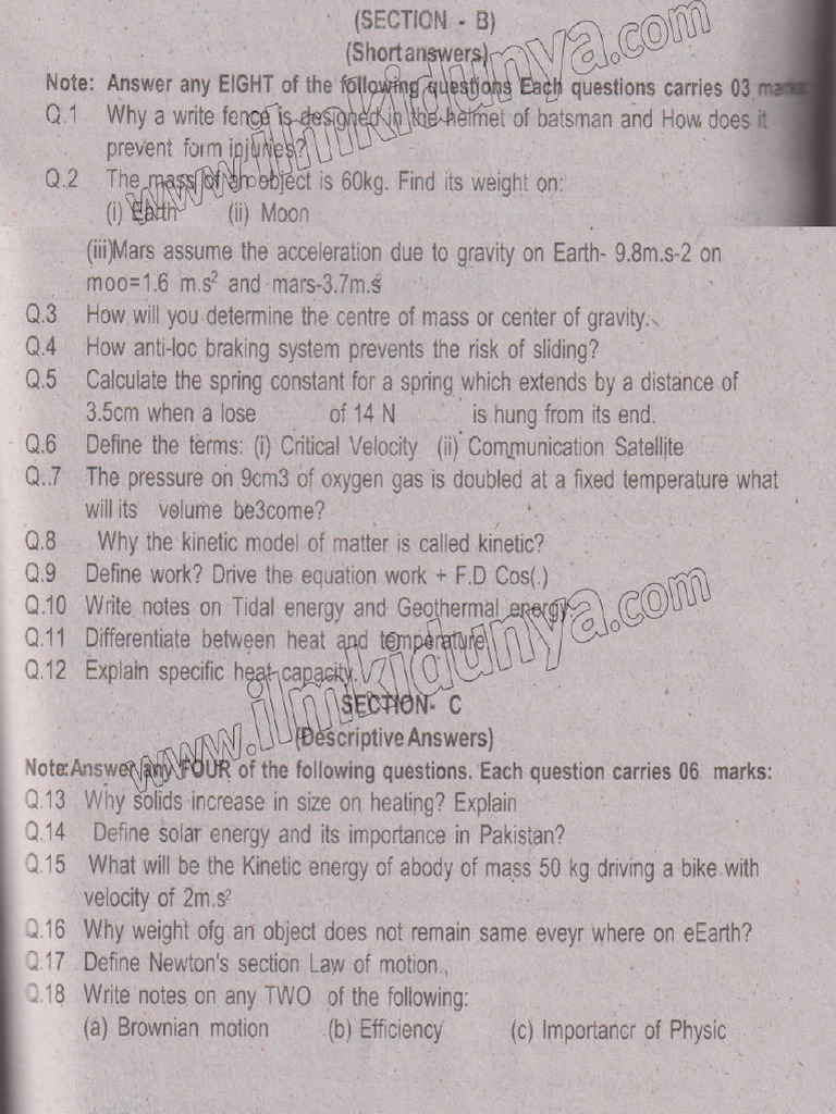 Past Paper 2023 Hyderabad Board Class 9th Physics Subjective | PDF