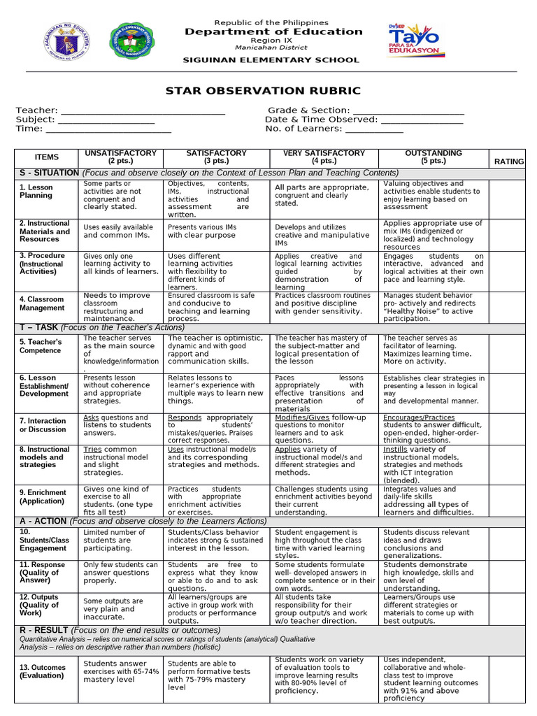 Star Observation Rubric | PDF | Learning | Educational Assessment