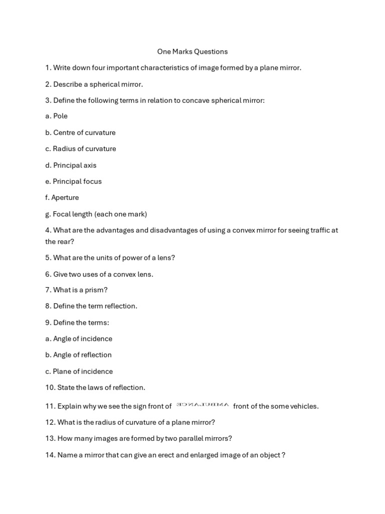 Class 10 Light Questions | PDF