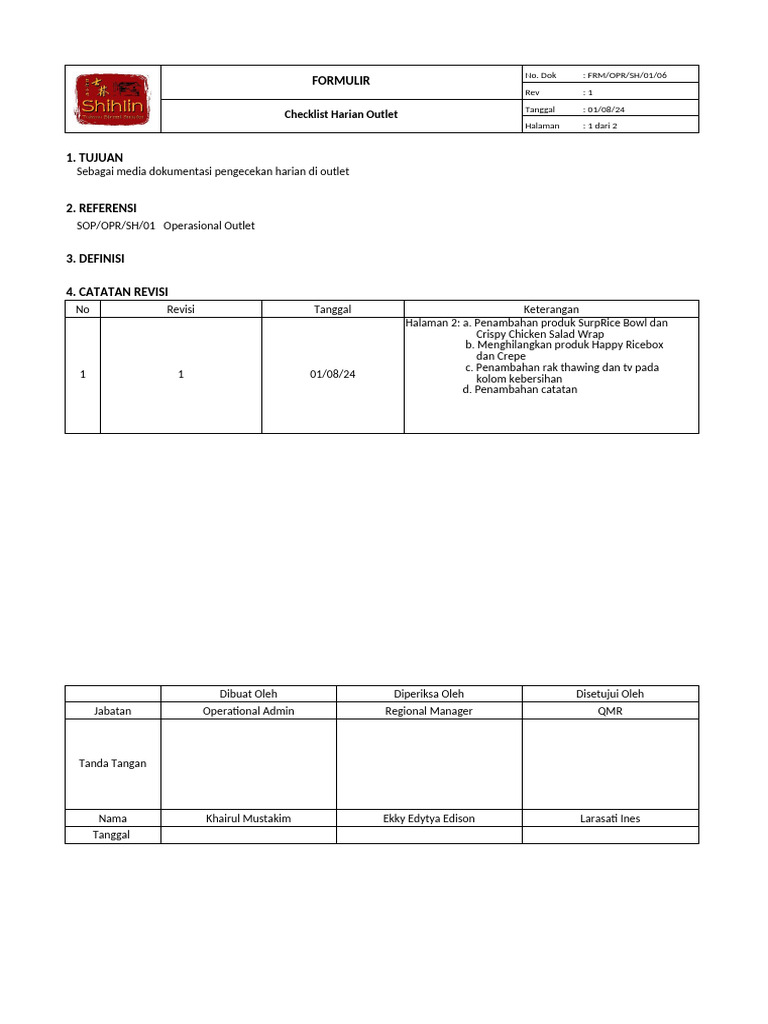 FRM OPR SH 01 06 Checklist Harian Outlet Rev 1 | PDF