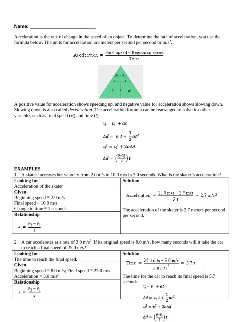 Acceleration and Deceleration Examples | PDF