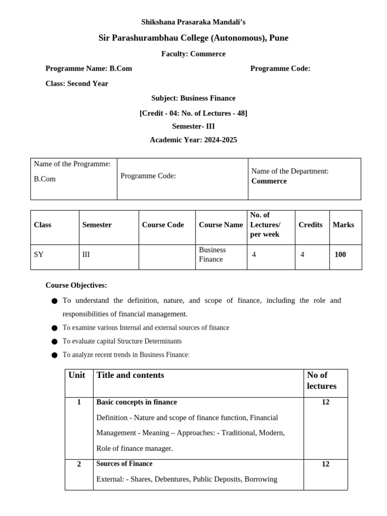 Business Finance Syllabus | PDF | Cognition