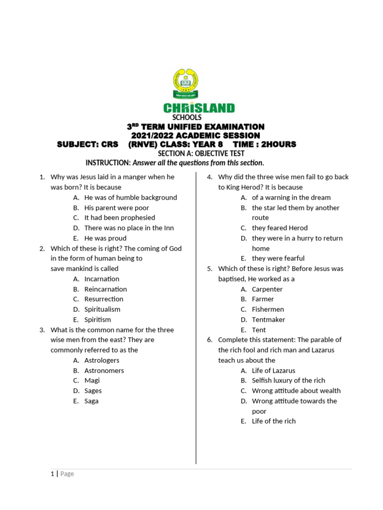 CRS Yr.8 3RD TM Exm 2022 | PDF | Jesus | Parables Of Jesus