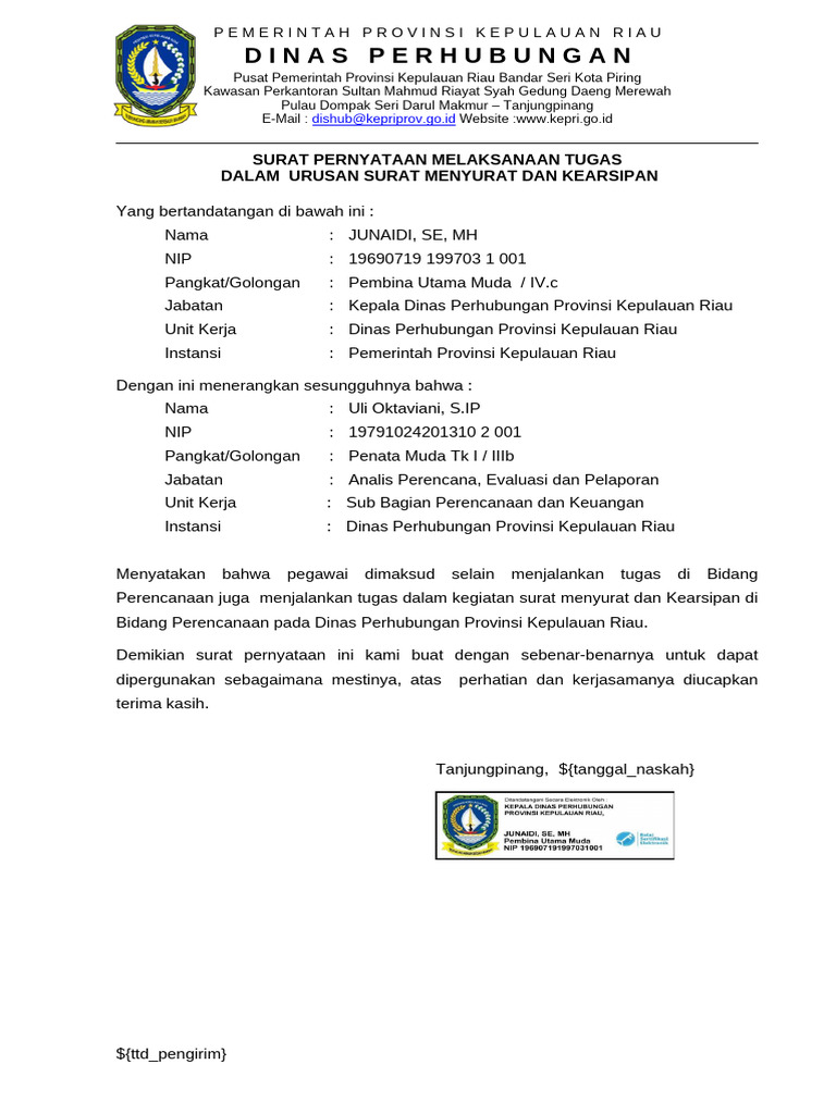 Surat Pernyataan Melaksanakan Tugas An Uli Oktaviani Di Arsiparis | PDF