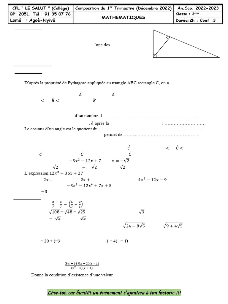 Composition Maths 3ème - 1er Trimestre | PDF | Euclide | Mathématiques ...