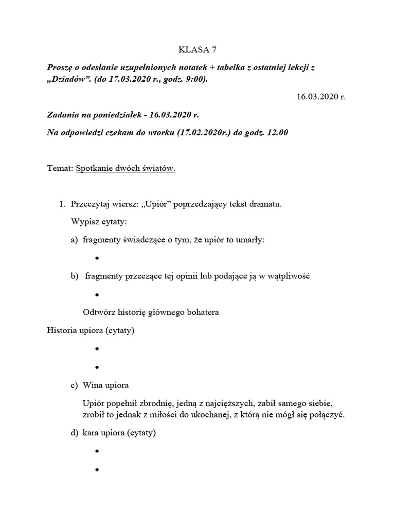 Jezyk Polski - Klasa 7 - 16.03,17.03 | PDF