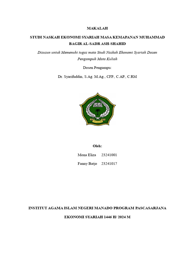 Makalah Studi Naskah Ekonomi Masa Kemapanan Era Muhammad Bagir Al-Sadr ...