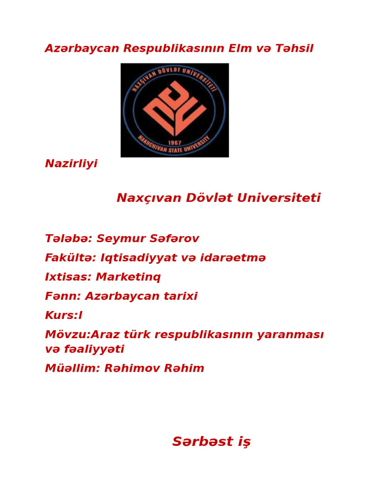 Araz Türk Respublikasının Yaranması VƏ Fəaliyyəti | PDF