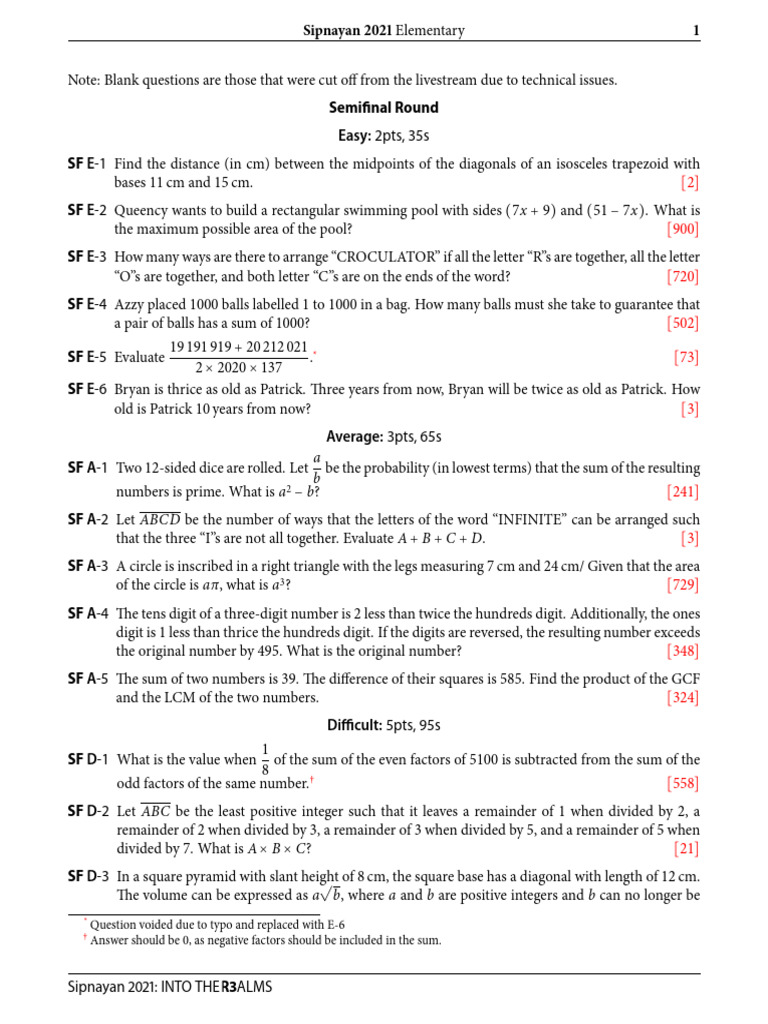 Sipnayan 2021 Elem | PDF | Area | Mathematics