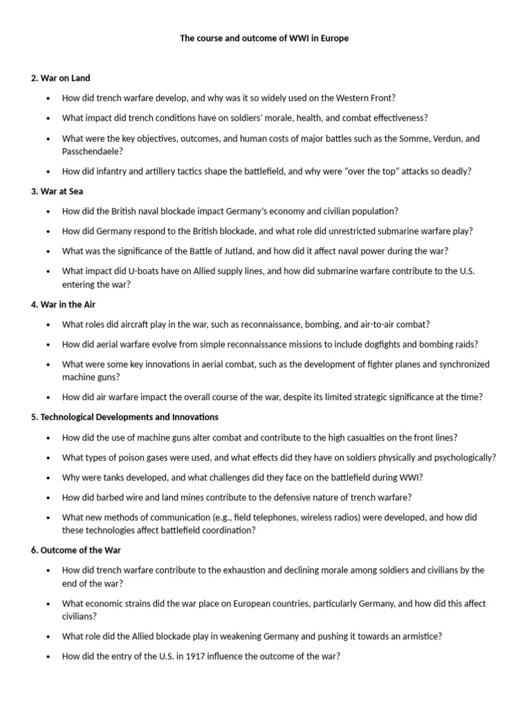 The Course and Outcome of WWI in Europe - Subject Knowledge Audit | PDF ...