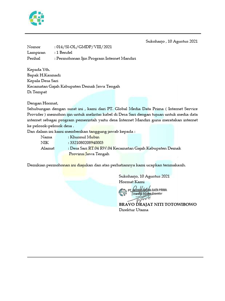 Permohonan Izin Pemasangan Wifi Desa Sari | PDF