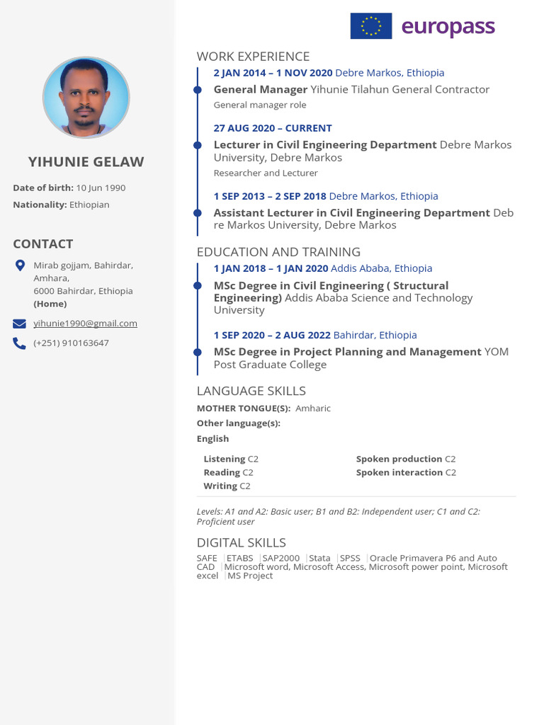 CV Yihunie (EuroPass Template) | PDF