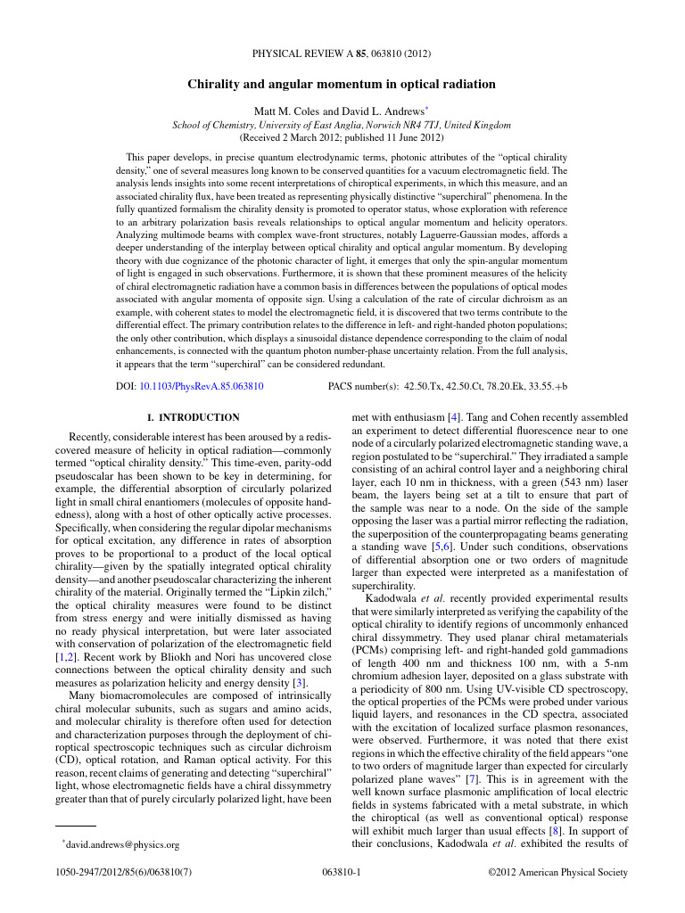 Chirality and Angular Momentum in Optical Radiation | PDF ...