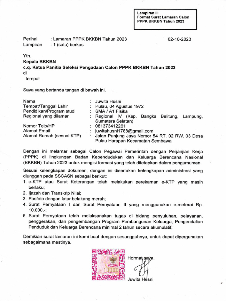 Surat Lamaran PPPK BKKBN 2023 | PDF