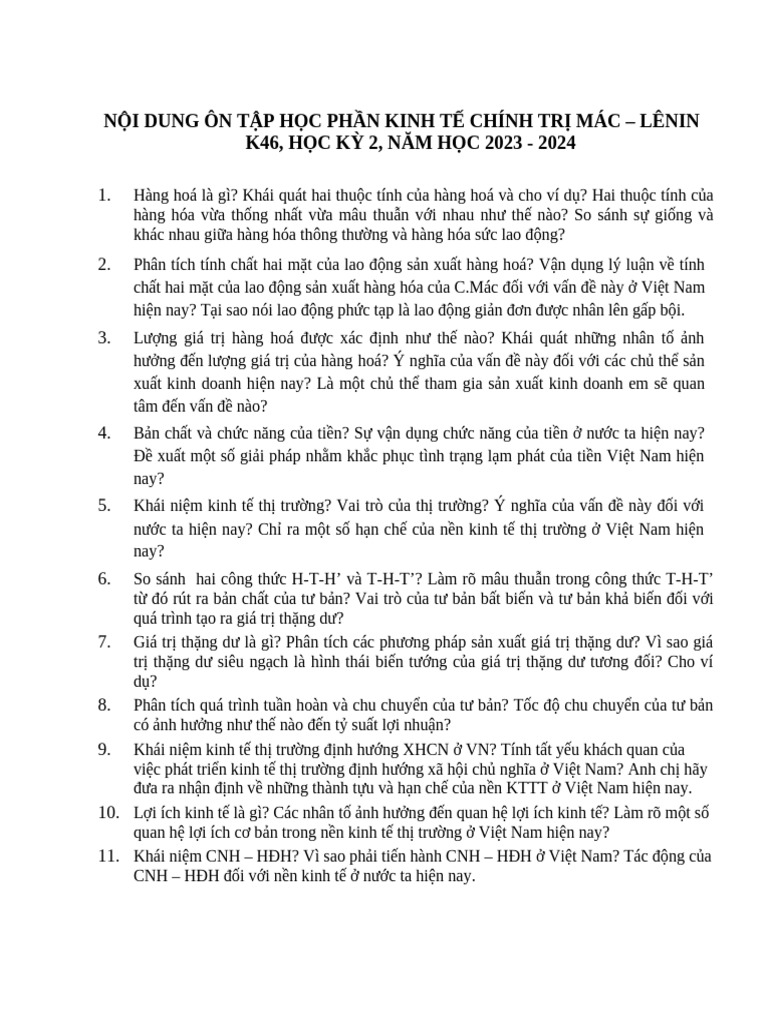 Nội Dung Ôn Tập KTCT K46 | PDF