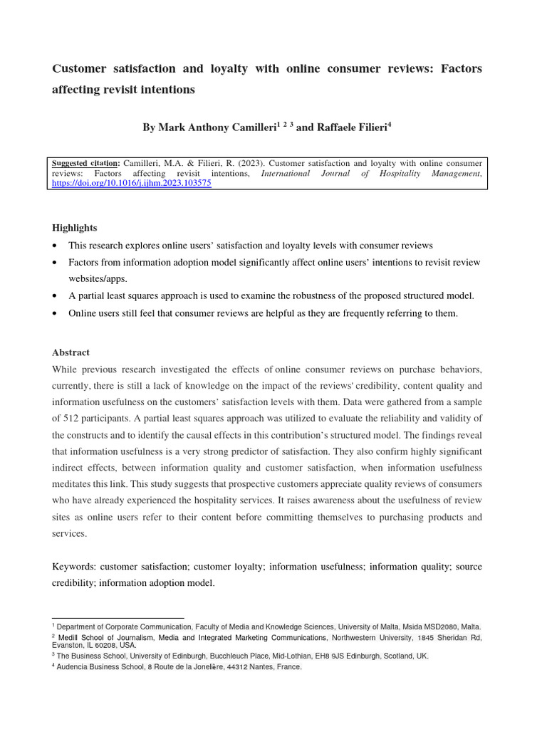 Customer Satisfaction and Loyalty With Online Consumer Reviews: Factors ...