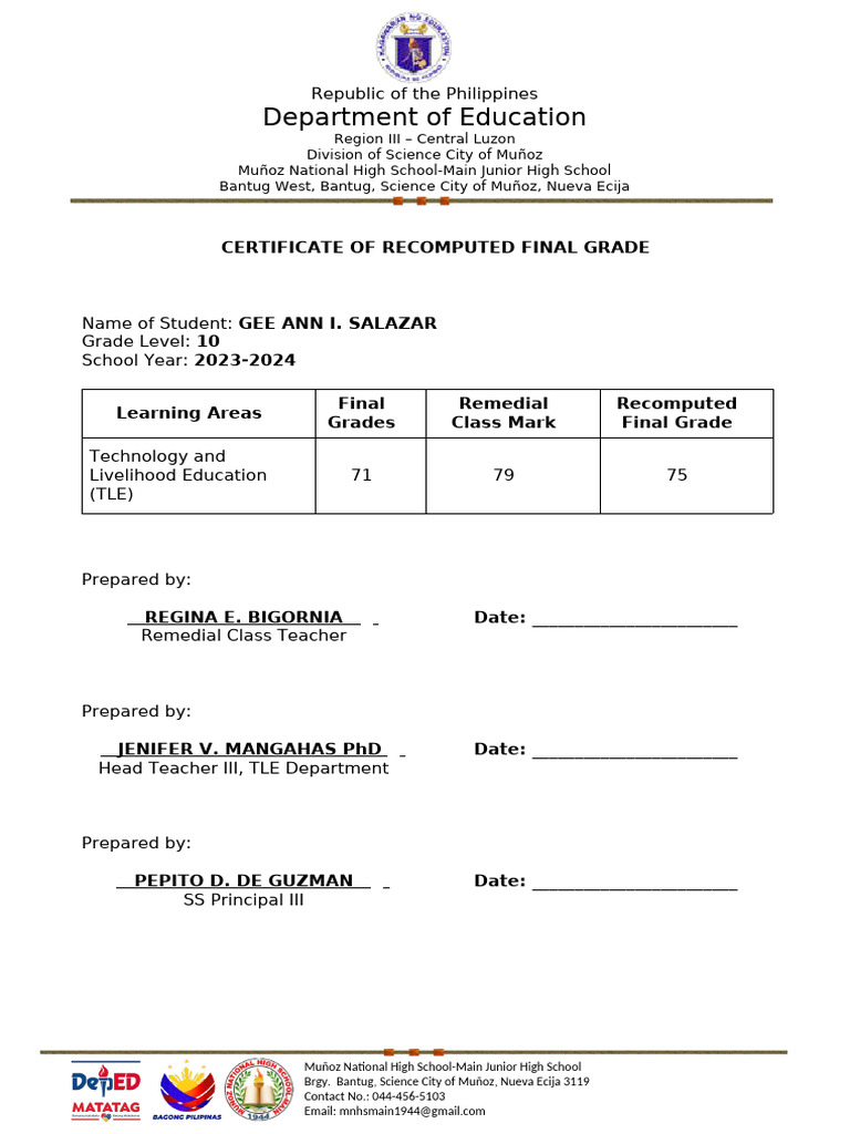 Certification of Recomputed Grades | PDF
