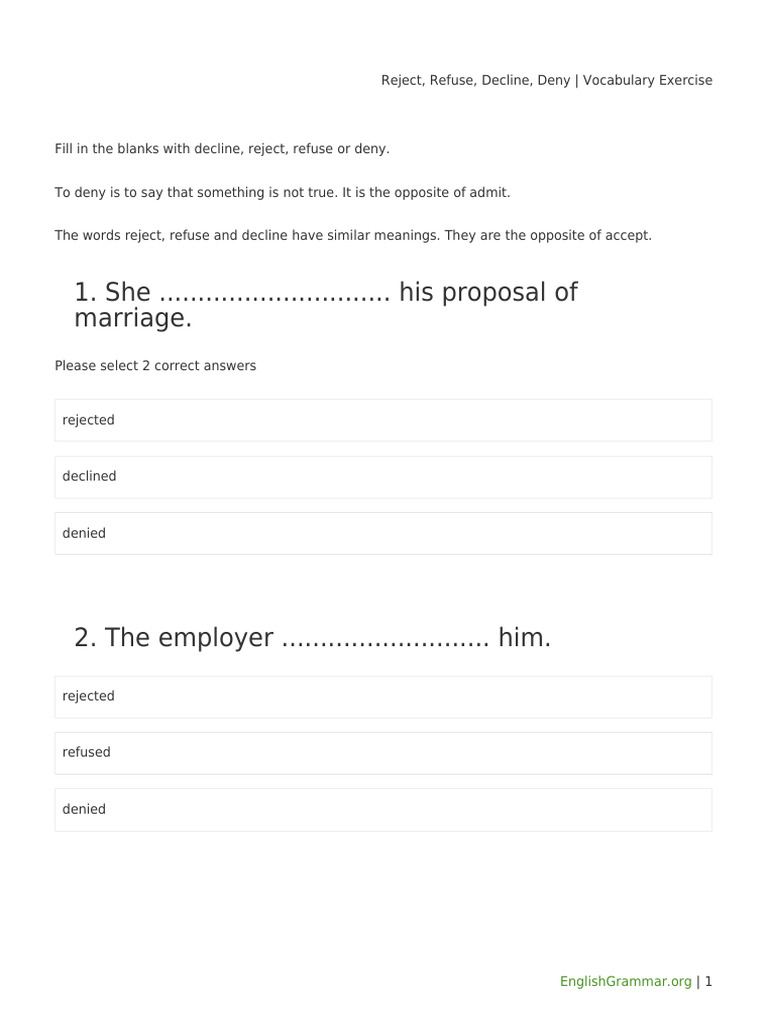 Reject, Refuse, Decline, Deny - Vocabulary Exercise | PDF
