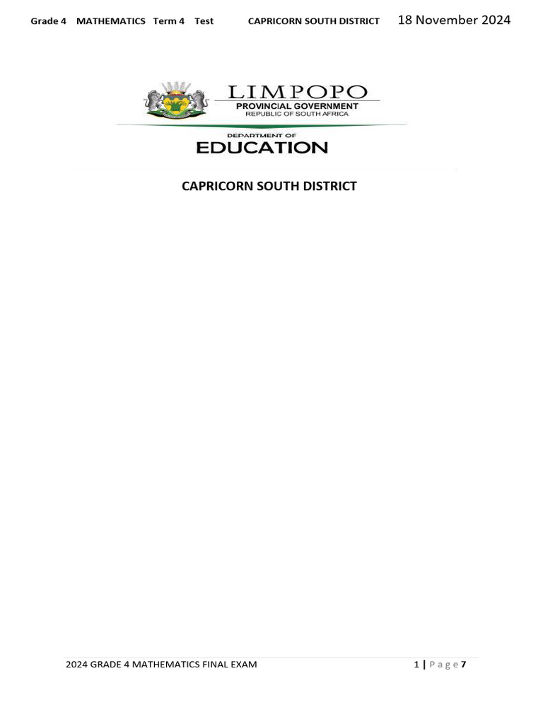 Grade 4 Term 4 Maths Exam Paper | PDF | Volume | Length